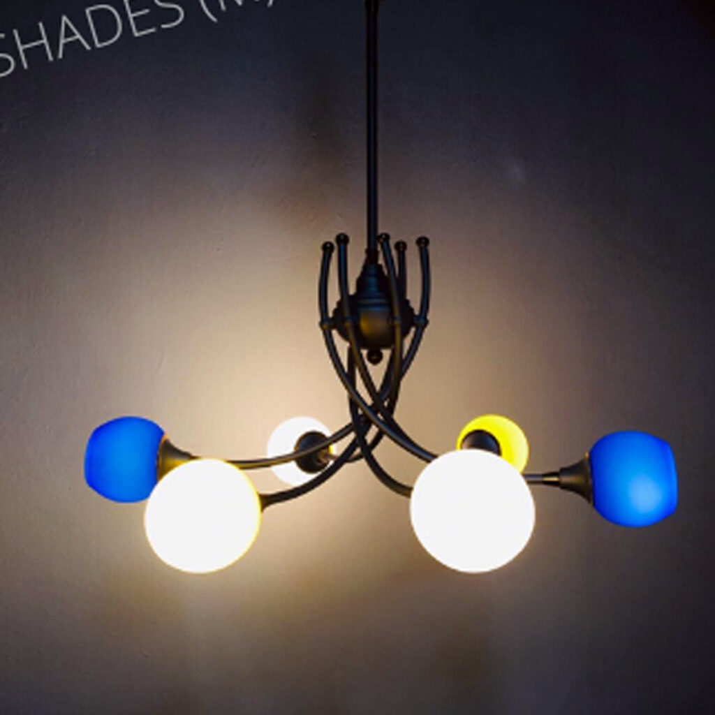 Matte silver frame with colour glass chandeliar – Kapoor Lamp Shades